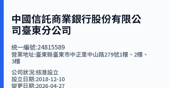 中國信託商業銀行股份有限公司臺東分公司的照片-統編 24815589(臺東縣) 公司登記資料與營業項目詳細圖表