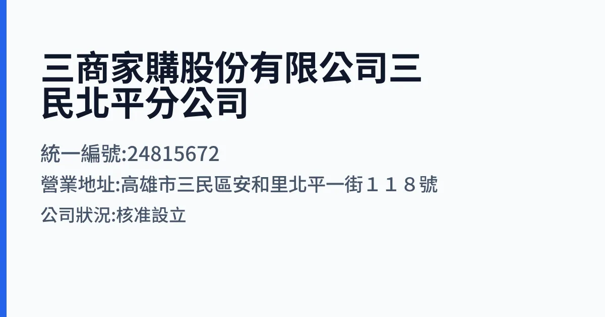 三商家購股份有限公司三民北平分公司 - 統編 24815672(高雄市) 公司登記資料與營業項目詳細圖表