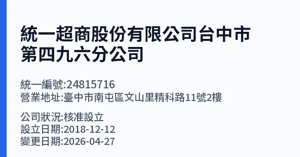 統一超商股份有限公司台中市第四九六分公司的照片-統編 24815716(臺中市) 公司登記資料與營業項目詳細圖表
