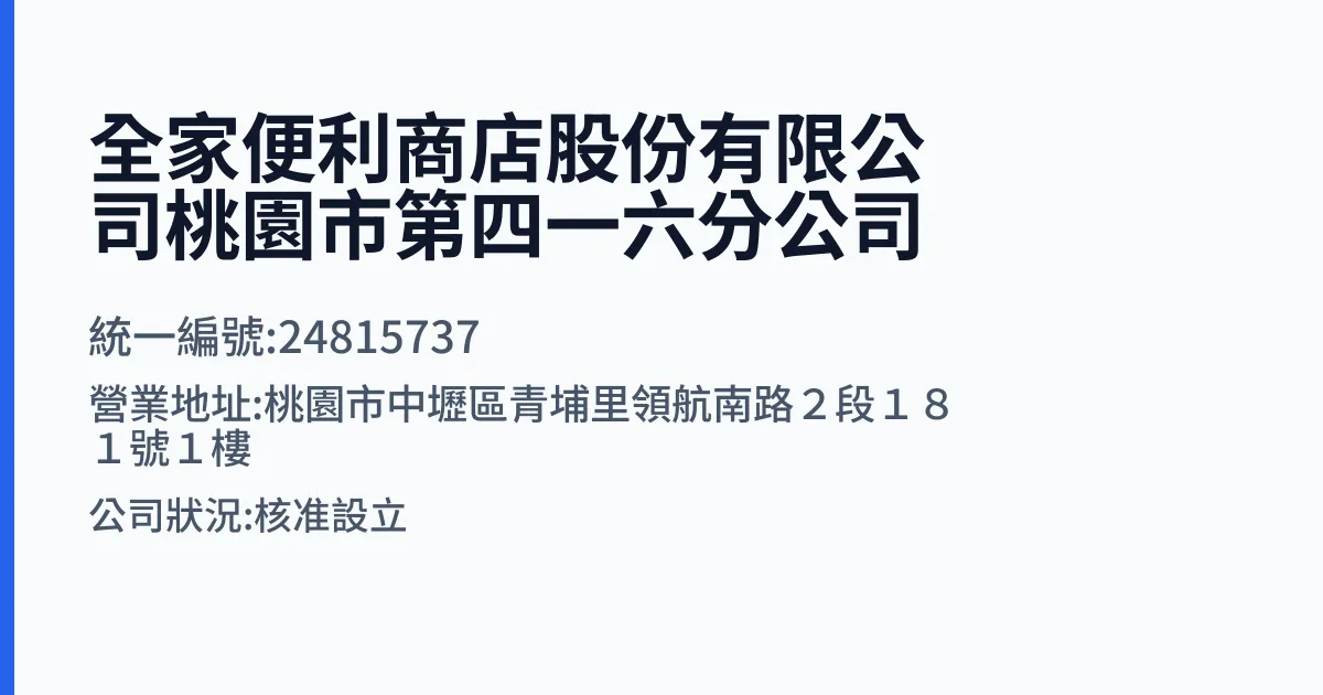全家便利商店股份有限公司桃園市第四一六分公司 - 統編 24815737(桃園市) 公司登記資料與營業項目詳細圖表