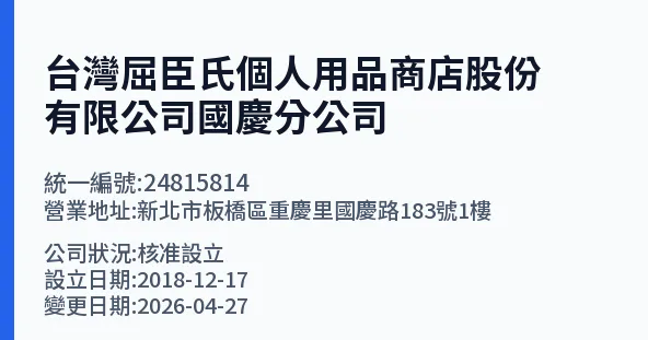 台灣屈臣氏個人用品商店股份有限公司國慶分公司的照片-統編 24815814(新北市) 公司登記資料與營業項目詳細圖表