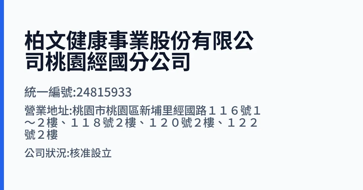 柏文健康事業股份有限公司桃園經國分公司 - 統編 24815933(桃園市) 公司登記資料與營業項目詳細圖表
