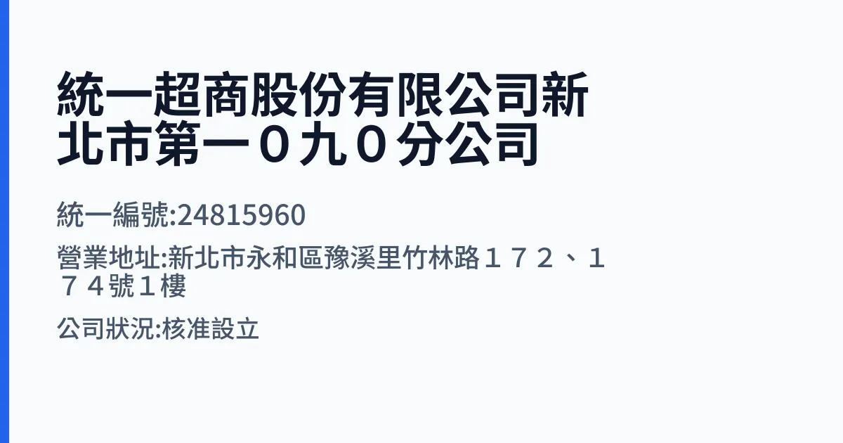 統一超商股份有限公司新北市第一０九０分公司 - 統編 24815960（新北市） 公司登記資料與營業項目詳細圖表