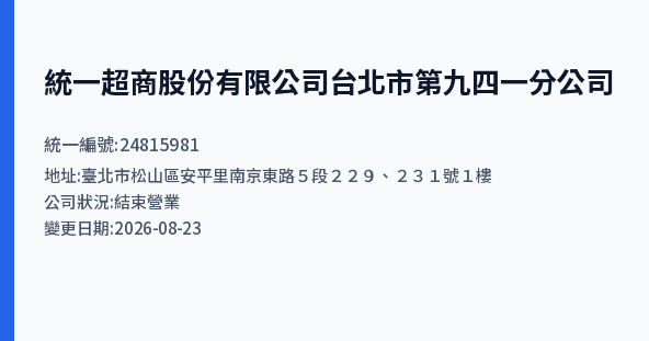 統一超商股份有限公司台北市第九四一分公司的照片-統編 24815981(臺北市) 公司登記資料與營業項目詳細圖表