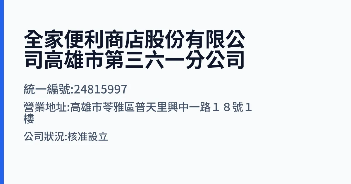 全家便利商店股份有限公司高雄市第三六一分公司 - 統編 24815997(高雄市) 公司登記資料與營業項目詳細圖表
