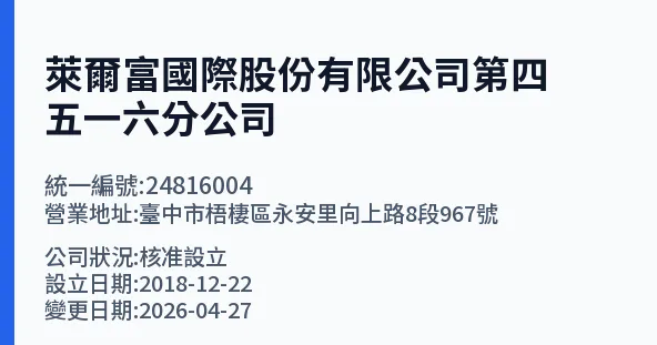萊爾富國際股份有限公司第四五一六分公司的照片-統編 24816004(臺中市) 公司登記資料與營業項目詳細圖表
