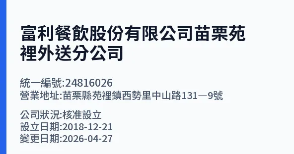 富利餐飲股份有限公司苗栗苑裡外送分公司的照片-統編 24816026(苗栗縣) 公司登記資料與營業項目詳細圖表
