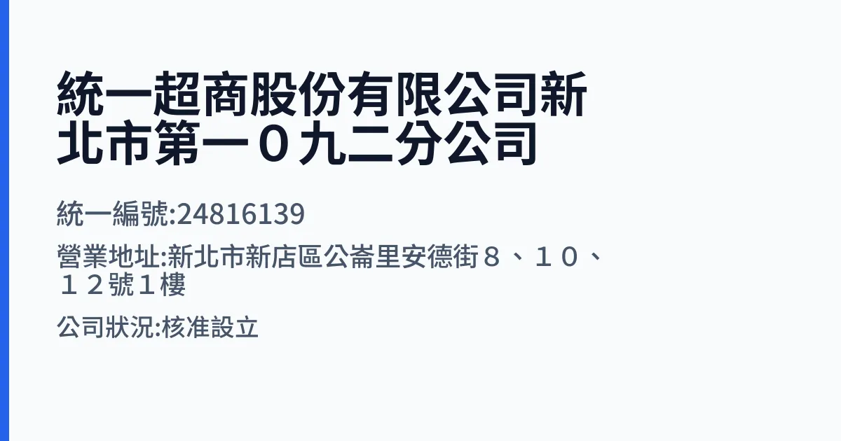 統一超商股份有限公司新北市第一０九二分公司 - 統編 24816139(新北市) 公司登記資料與營業項目詳細圖表