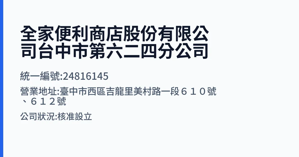 全家便利商店股份有限公司台中市第六二四分公司 - 統編 24816145(臺中市) 公司登記資料與營業項目詳細圖表