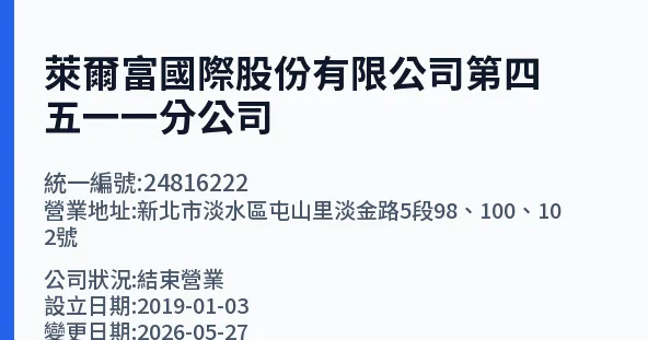 萊爾富國際股份有限公司第四五一一分公司的照片-統編 24816222(新北市) 公司登記資料與營業項目詳細圖表