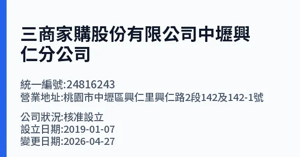 三商家購股份有限公司中壢興仁分公司的照片-統編 24816243(桃園市) 公司登記資料與營業項目詳細圖表