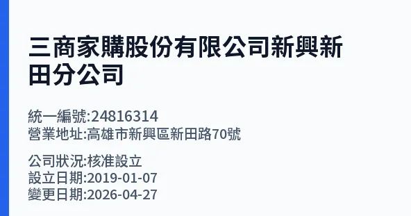 三商家購股份有限公司新興新田分公司的照片-統編 24816314(高雄市) 公司登記資料與營業項目詳細圖表