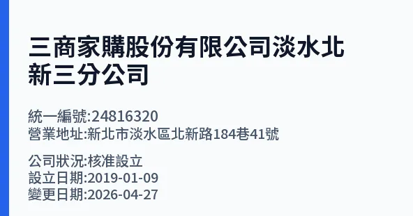 三商家購股份有限公司淡水北新三分公司的照片-統編 24816320(新北市) 公司登記資料與營業項目詳細圖表