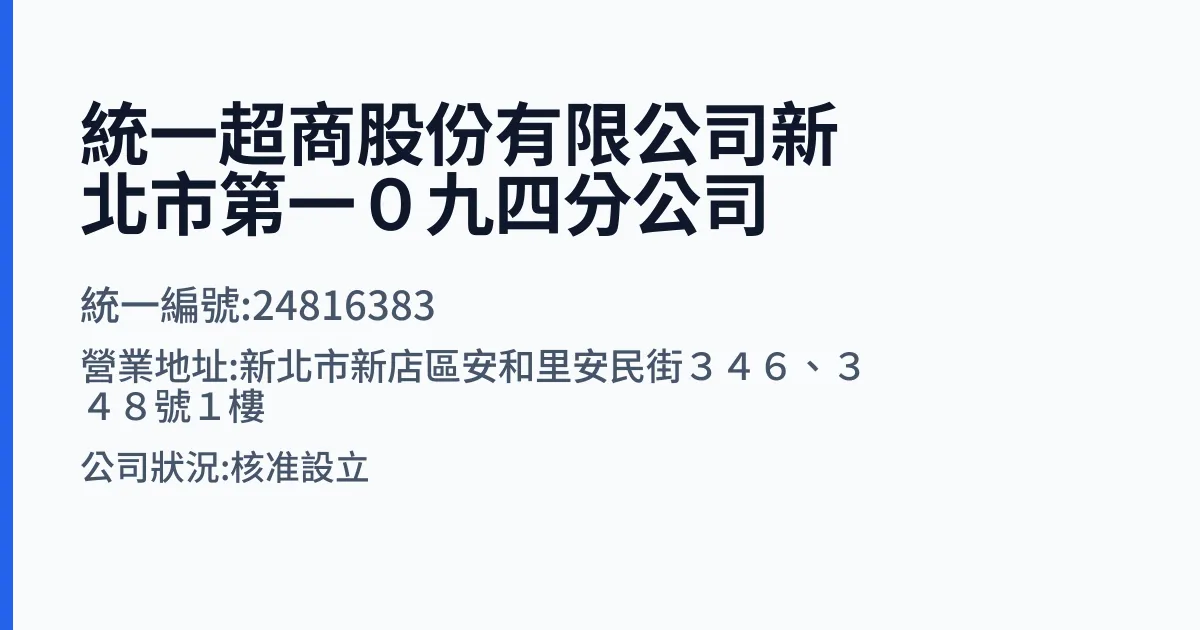 統一超商股份有限公司新北市第一０九四分公司 - 統編 24816383(新北市) 公司登記資料與營業項目詳細圖表