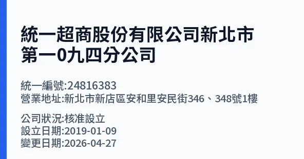 統一超商股份有限公司新北市第一0九四分公司的照片-統編 24816383(新北市) 公司登記資料與營業項目詳細圖表