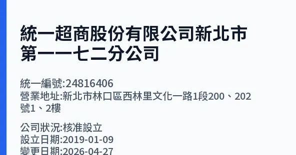 統一超商股份有限公司新北市第一一七二分公司的照片-統編 24816406(新北市) 公司登記資料與營業項目詳細圖表