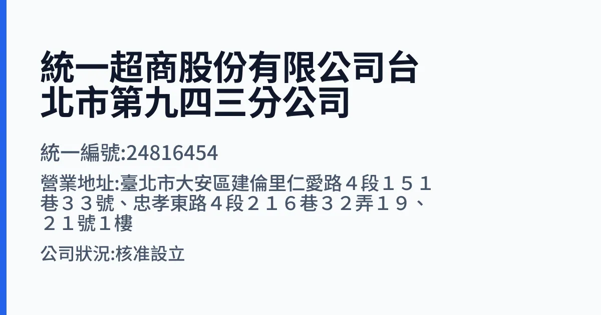 統一超商股份有限公司台北市第九四三分公司 - 統編 24816454(臺北市) 公司登記資料與營業項目詳細圖表