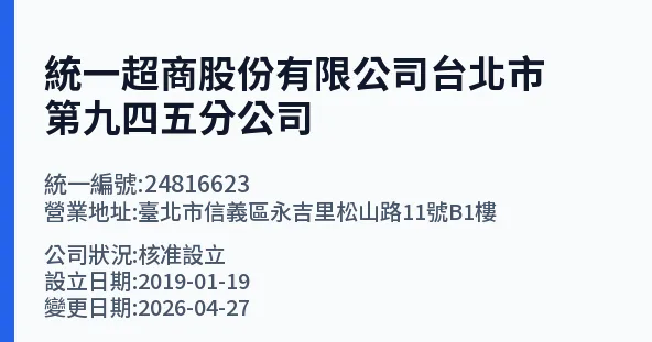統一超商股份有限公司台北市第九四五分公司的照片-統編 24816623(臺北市) 公司登記資料與營業項目詳細圖表