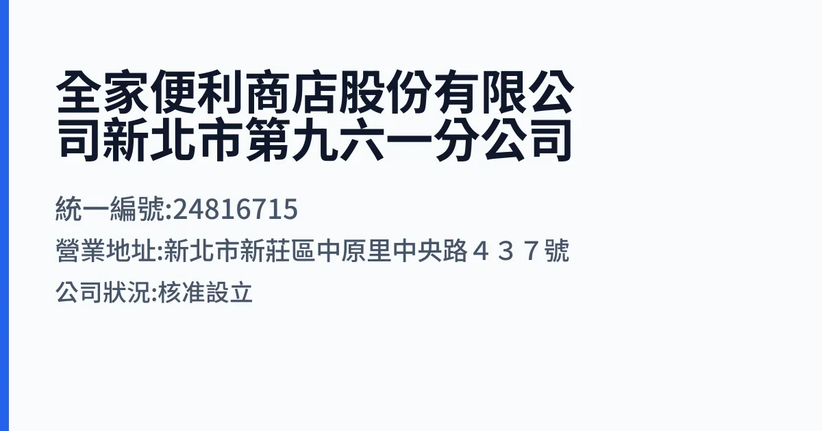 全家便利商店股份有限公司新北市第九六一分公司 - 統編 24816715(新北市) 公司登記資料與營業項目詳細圖表