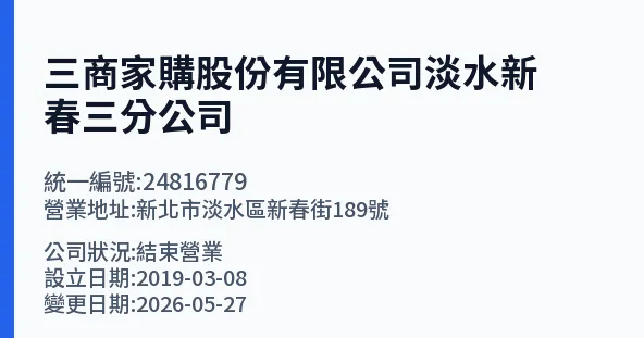 三商家購股份有限公司淡水新春三分公司的照片-統編 24816779(新北市) 公司登記資料與營業項目詳細圖表