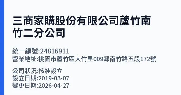三商家購股份有限公司蘆竹南竹二分公司的照片-統編 24816911(桃園市) 公司登記資料與營業項目詳細圖表