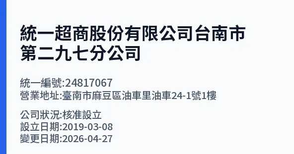 統一超商股份有限公司台南市第二九七分公司的照片-統編 24817067(臺南市) 公司登記資料與營業項目詳細圖表