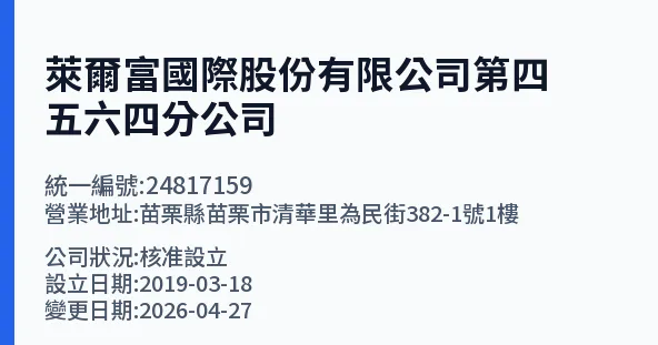 萊爾富國際股份有限公司第四五六四分公司的照片-統編 24817159(苗栗縣) 公司登記資料與營業項目詳細圖表
