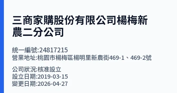 三商家購股份有限公司楊梅新農二分公司的照片-統編 24817215(桃園市) 公司登記資料與營業項目詳細圖表