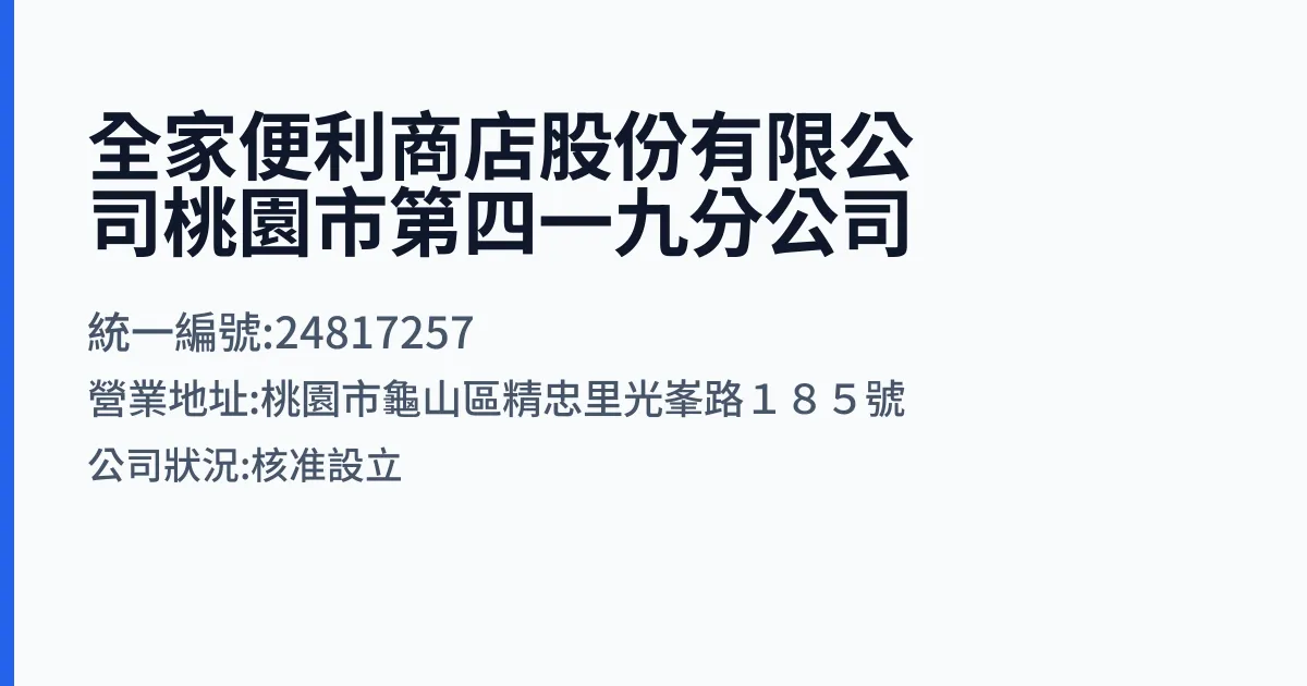 全家便利商店股份有限公司桃園市第四一九分公司 - 統編 24817257(桃園市) 公司登記資料與營業項目詳細圖表