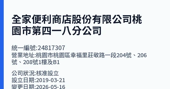 全家便利商店股份有限公司桃園市第四一八分公司的照片-統編 24817307(桃園市) 公司登記資料與營業項目詳細圖表