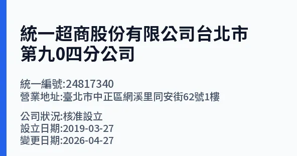 統一超商股份有限公司台北市第九0四分公司的照片-統編 24817340(臺北市) 公司登記資料與營業項目詳細圖表