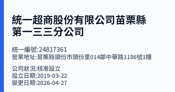 統一超商股份有限公司苗栗縣第一三三分公司的照片-統編 24817361(苗栗縣) 公司登記資料與營業項目詳細圖表