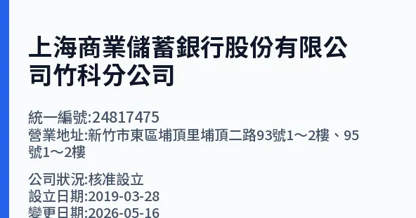 上海商業儲蓄銀行股份有限公司竹科分公司的照片-統編 24817475(新竹市) 公司登記資料與營業項目詳細圖表