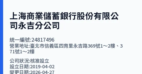 上海商業儲蓄銀行股份有限公司永吉分公司的照片-統編 24817496(臺北市) 公司登記資料與營業項目詳細圖表