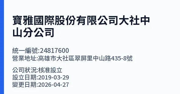寶雅國際股份有限公司大社中山分公司的照片-統編 24817600(高雄市) 公司登記資料與營業項目詳細圖表