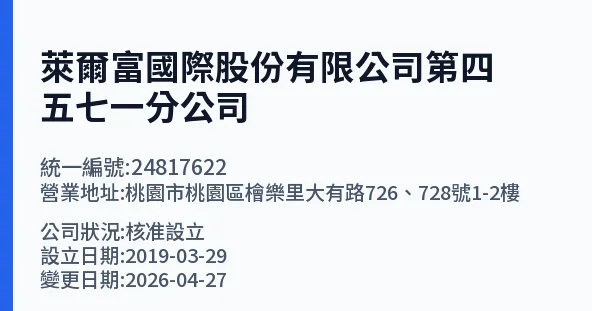 萊爾富國際股份有限公司第四五七一分公司的照片-統編 24817622(桃園市) 公司登記資料與營業項目詳細圖表
