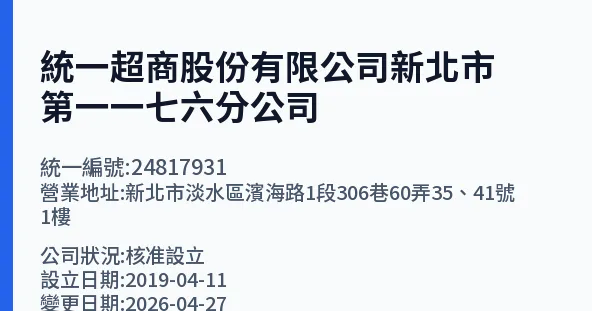 統一超商股份有限公司新北市第一一七六分公司的照片-統編 24817931(新北市) 公司登記資料與營業項目詳細圖表