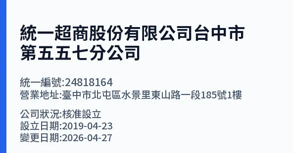 統一超商股份有限公司台中市第五五七分公司的照片-統編 24818164(臺中市) 公司登記資料與營業項目詳細圖表