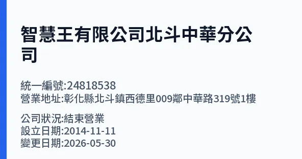 智慧王有限公司北斗中華分公司的照片-統編 24818538(彰化縣) 公司登記資料與營業項目詳細圖表
