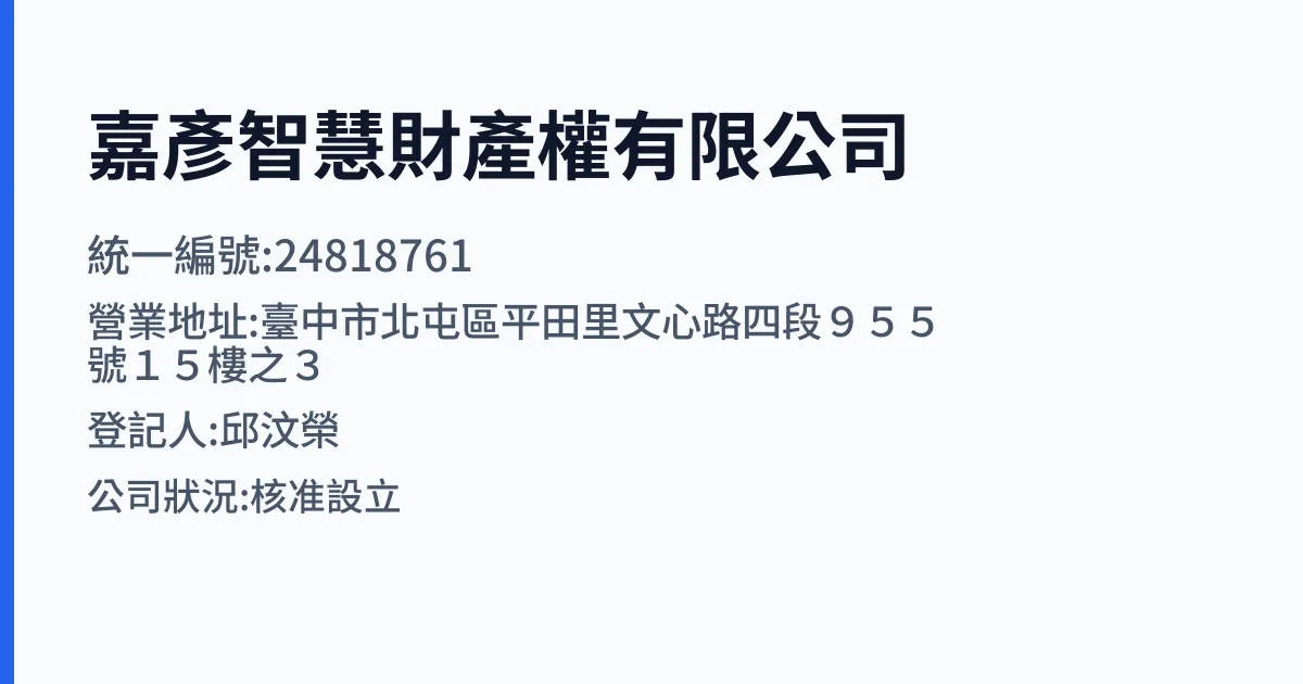 嘉彥智慧財產權有限公司 - 統編 24818761(臺中市) 公司登記資料與營業項目詳細圖表