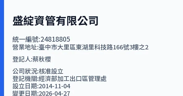 盛綻資管有限公司的照片-統編 24818805(臺中市) 公司登記資料與營業項目詳細圖表