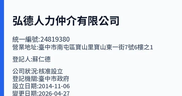 弘德人力仲介有限公司的照片-統編 24819380(臺中市) 公司登記資料與營業項目詳細圖表