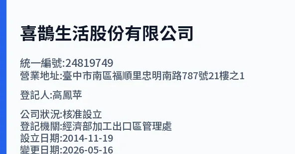 喜鵲生活股份有限公司的照片-統編 24819749(臺中市) 公司登記資料與營業項目詳細圖表