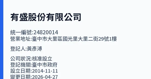 有盛股份有限公司的照片-統編 24820014(臺中市) 公司登記資料與營業項目詳細圖表
