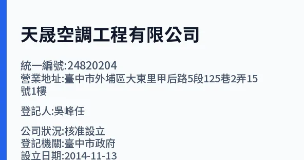 天晟空調工程有限公司的照片-統編 24820204(臺中市) 公司登記資料與營業項目詳細圖表