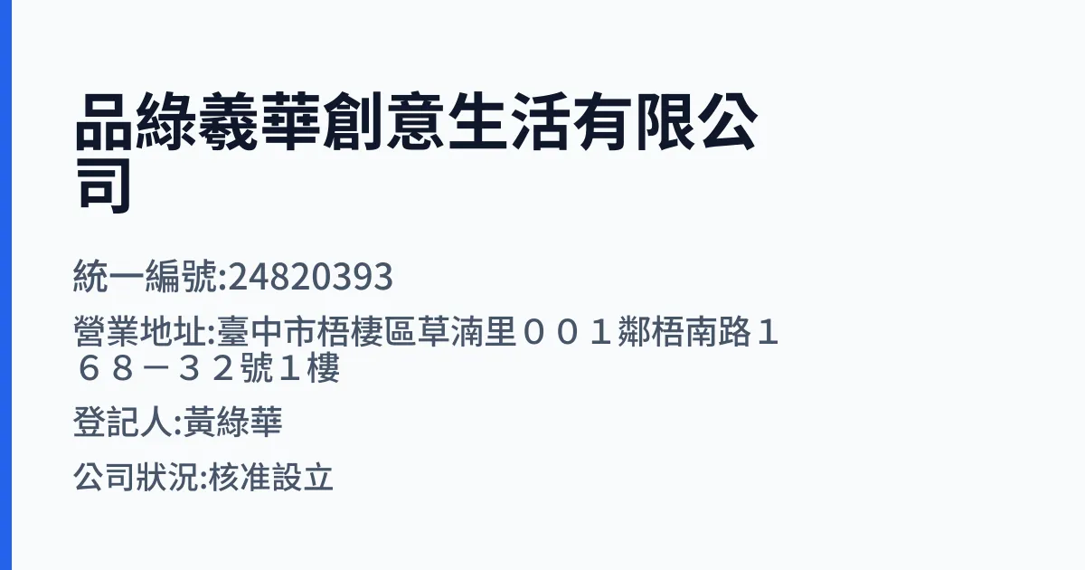 品綠羲華創意生活有限公司 - 統編 24820393（臺中市） 公司登記資料與營業項目詳細圖表