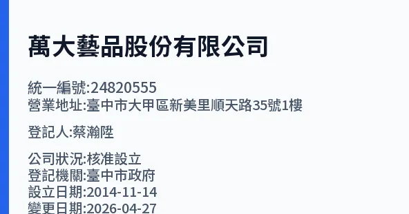 萬大藝品股份有限公司的照片-統編 24820555(臺中市) 公司登記資料與營業項目詳細圖表