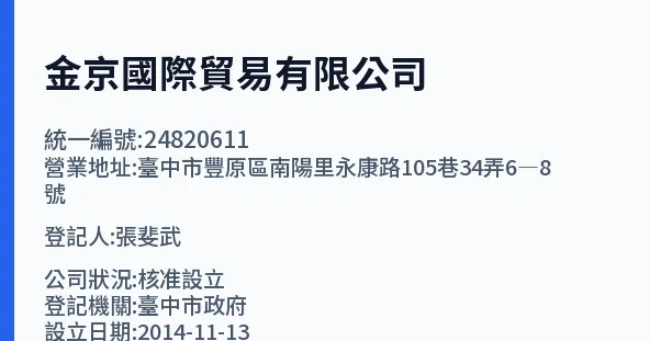 金京國際貿易有限公司的照片-統編 24820611(臺中市) 公司登記資料與營業項目詳細圖表