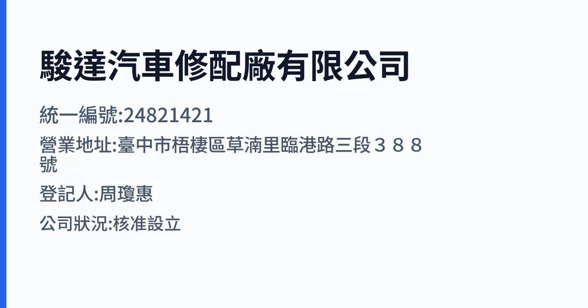 駿達汽車修配廠有限公司 - 統編 24821421(臺中市) 公司登記資料與營業項目詳細圖表