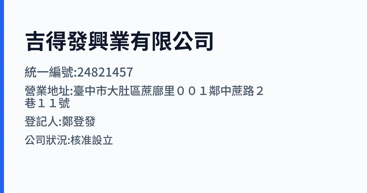 吉得發興業有限公司 - 統編 24821457(臺中市) 公司登記資料與營業項目詳細圖表